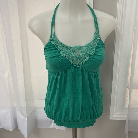 2B Bebe | Tops | 2b Bebe Green Tank Halter Crochet Details | Poshmark